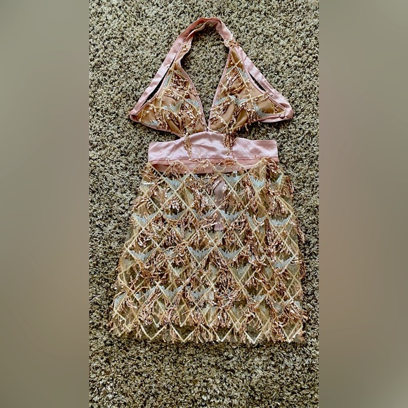 Amazon | Dresses | Sheer Rose Gold Sequin Halter Dress | Poshmark